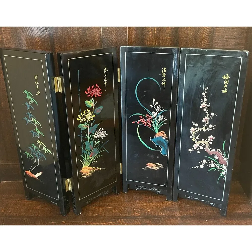 Accents | Chinese Lacquer Folding Table Screen Hand Carved Stone Shell ...